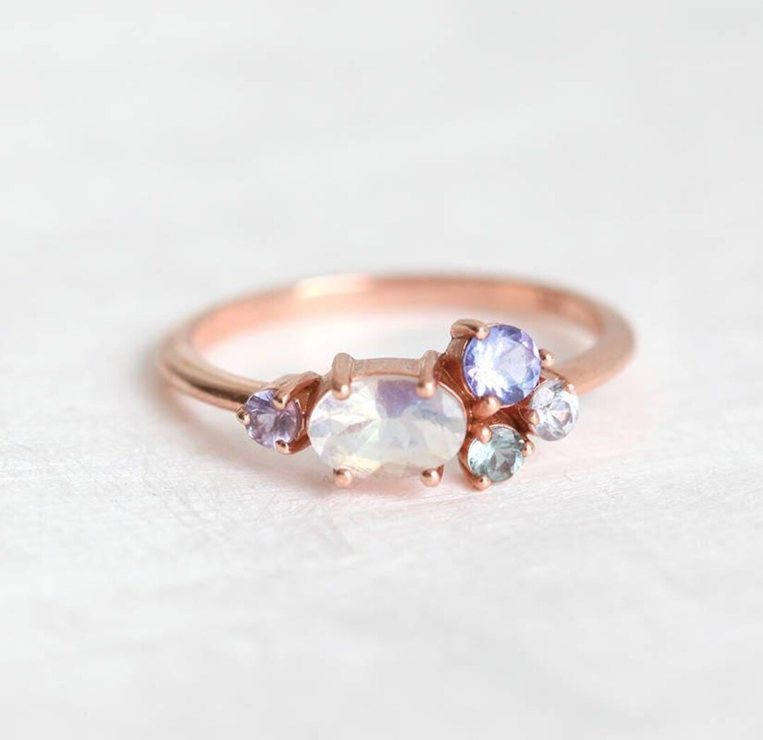 Rose Gold Moonstone Ring, Cluster Engagement Ring With Moonstone ...