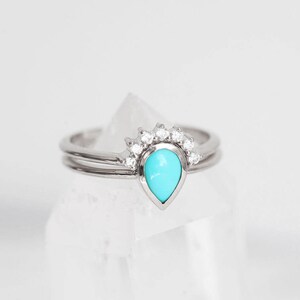 Pear Turquoise Ring Set, Diamond Crown Ring With Turquoise Solitaire Ring, Turquoise Diamond ...