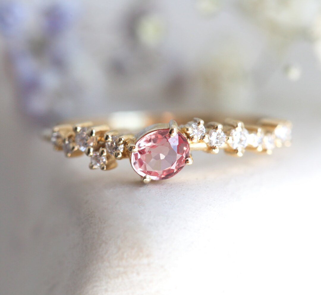 Diamond Ring With Pink Peach Sapphire, Peach Sapphire Ring Yellow Gold ...