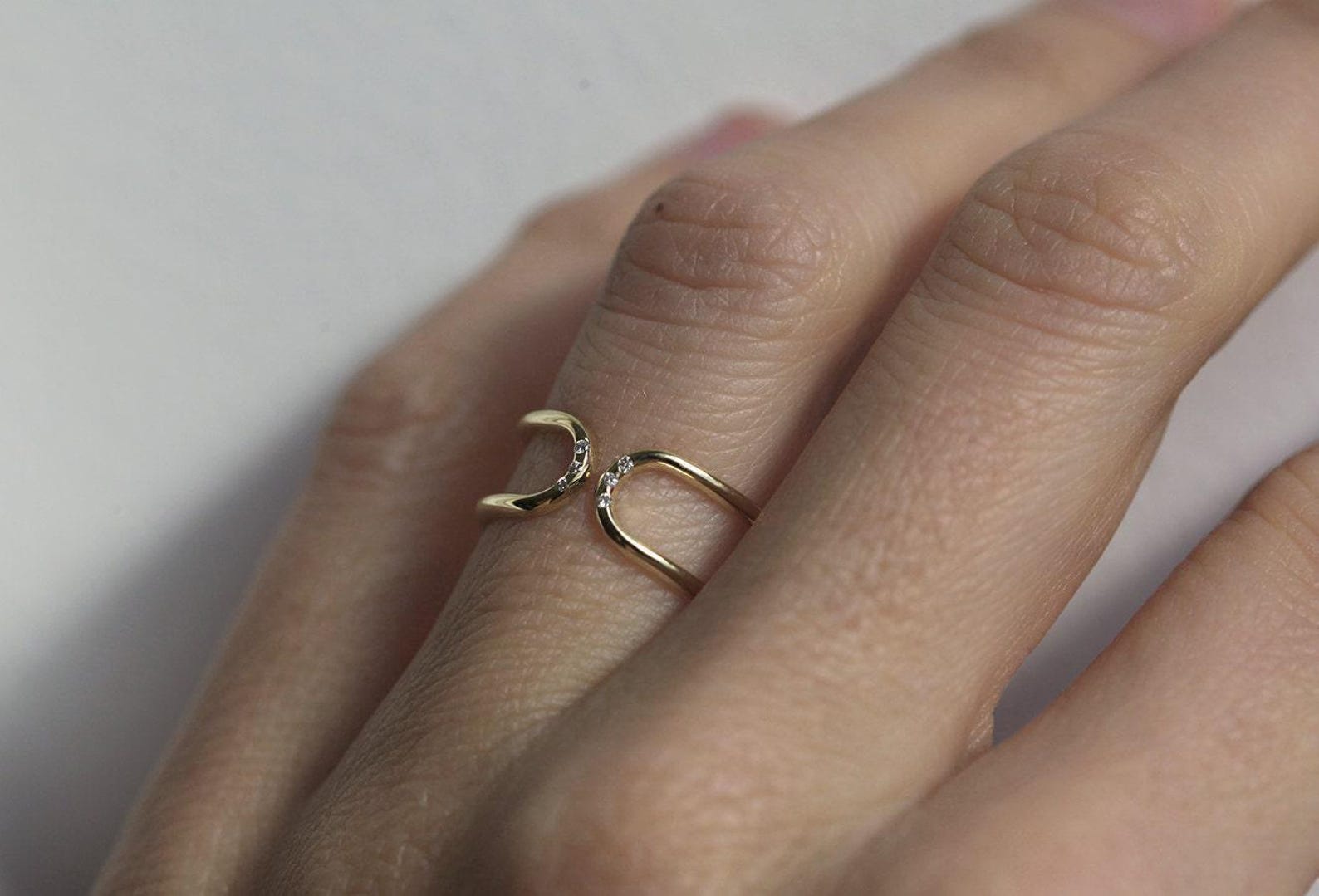 Double Diamond Band Ring, Unique Open Wedding Band, Split Curved Band ...
