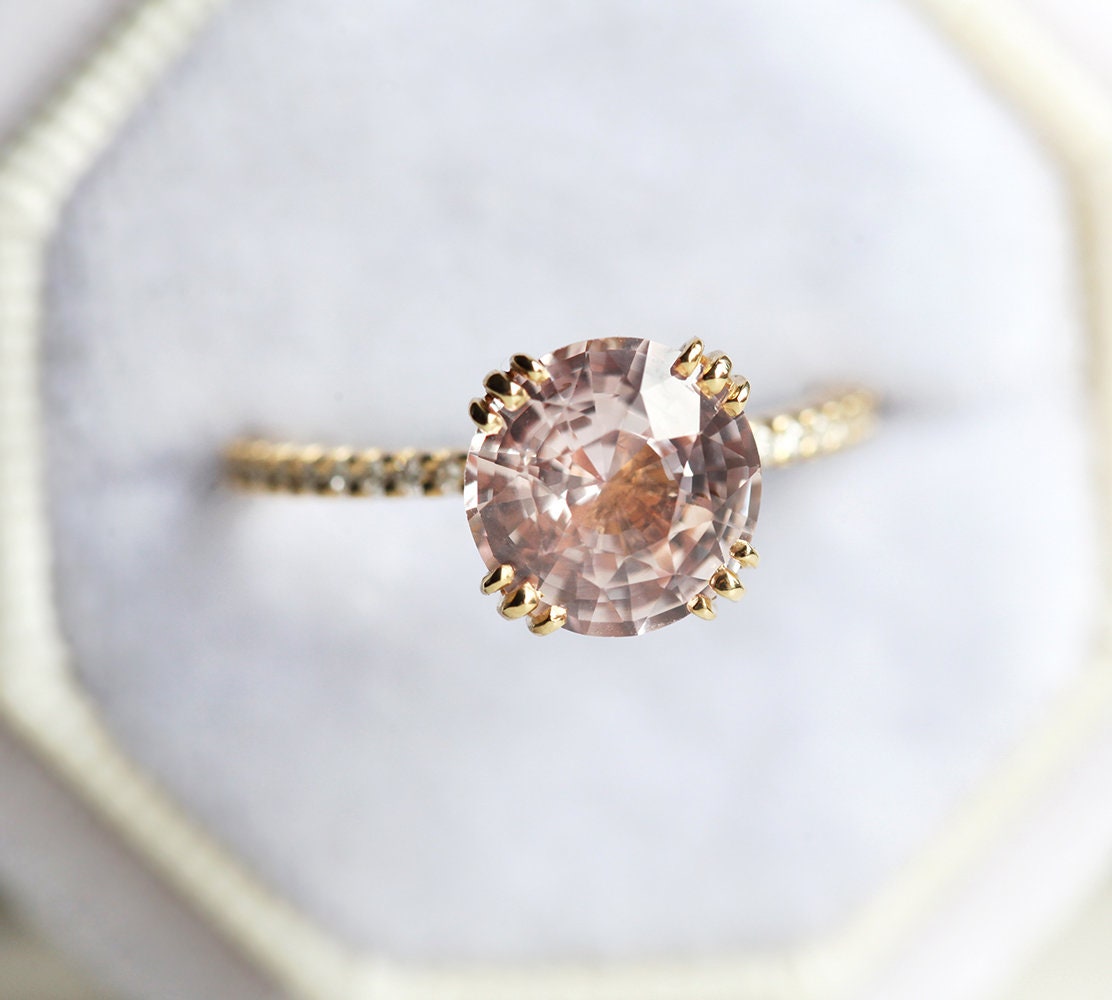 Champagne Peach Sapphire & Diamond Engagement Ring Large | Etsy