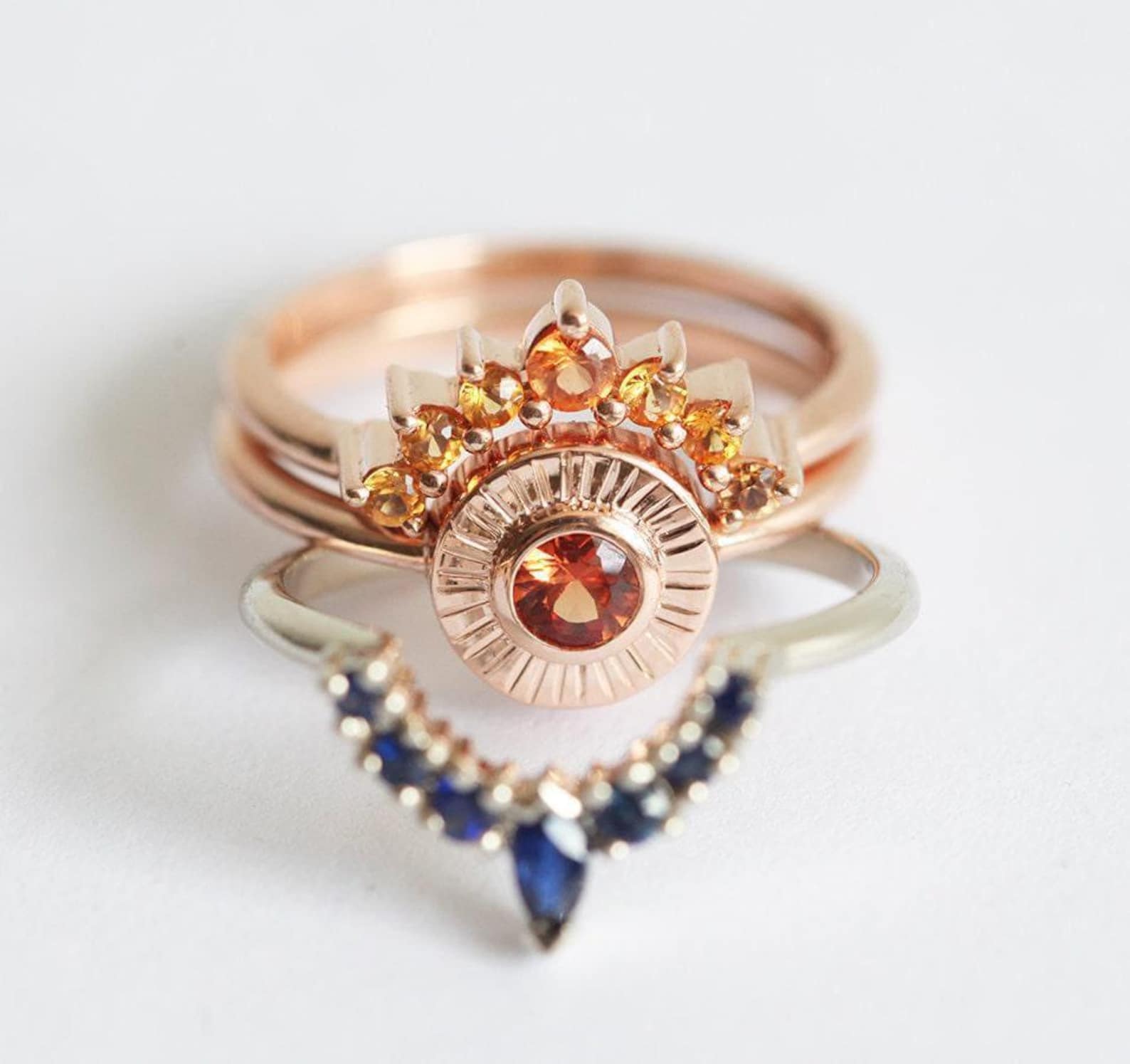 Sapphire Wedding Ring Set, Sunset Engagement Set, Orange & Blue ...