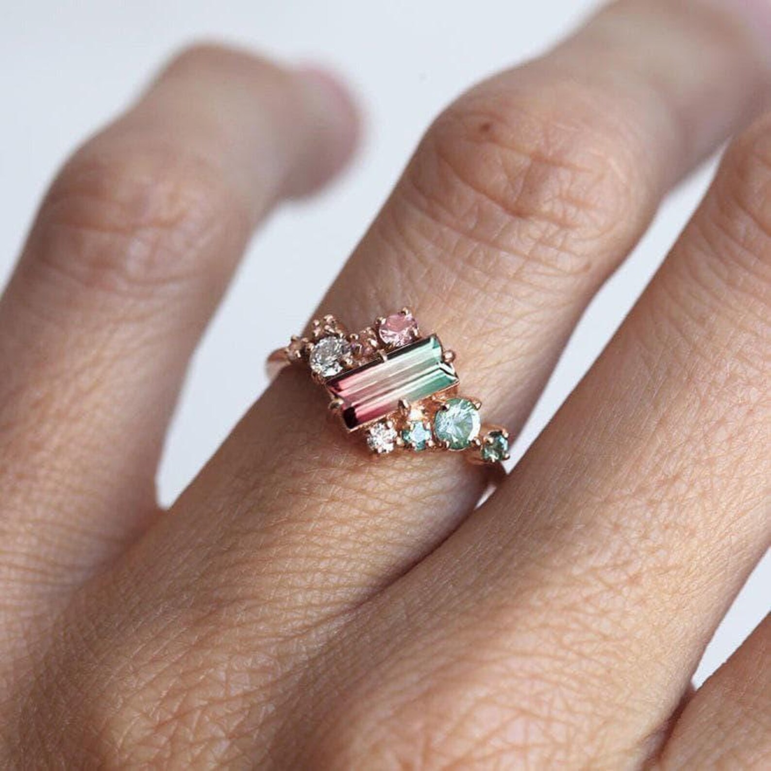 Watermelon Tourmaline Ring, Bicolor Engagement Ring, Baguette Cluster ...