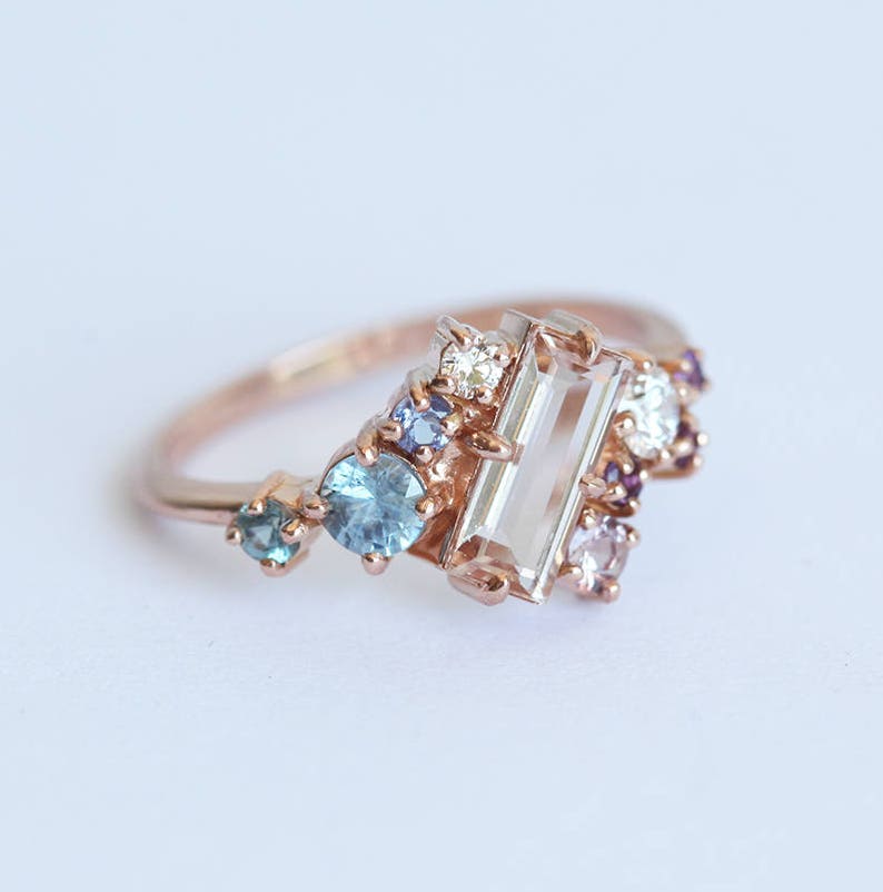 Modern Engagement Ring Gemstone Cluster Morganite & Sapphire - Etsy