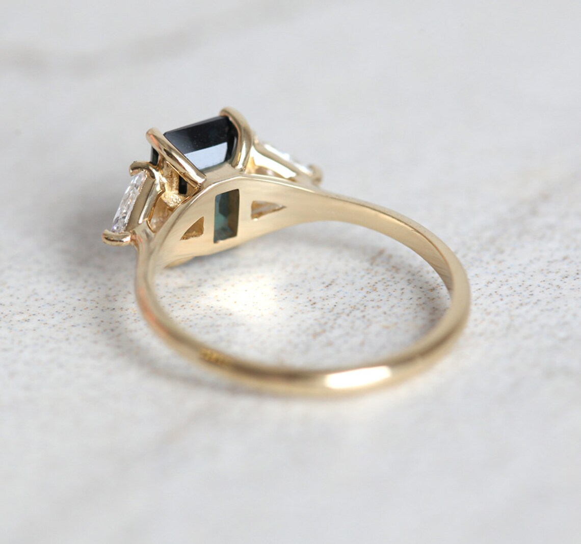 Emerald Cut Sapphire With Triangle Diamonds Green Sapphire - Etsy