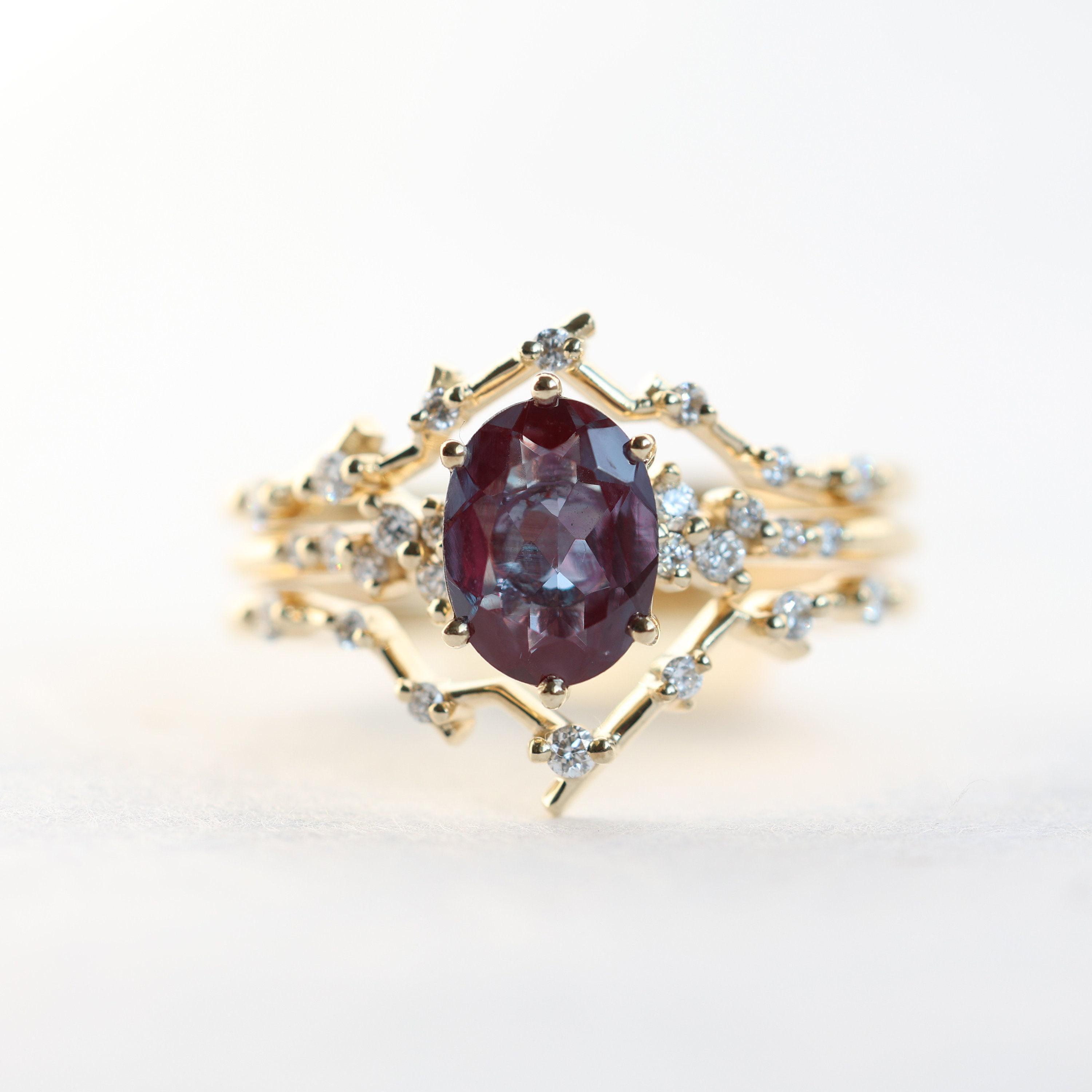 Oval Alexandrite Ring Set, Oval Alexandrite Cluster Diamond Ring With ...