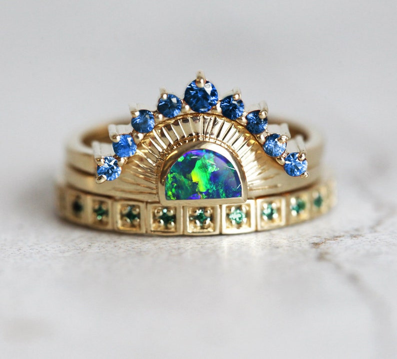 Black Opal Ring Set Opal Sunset Ring Set Unique Engagement - Etsy