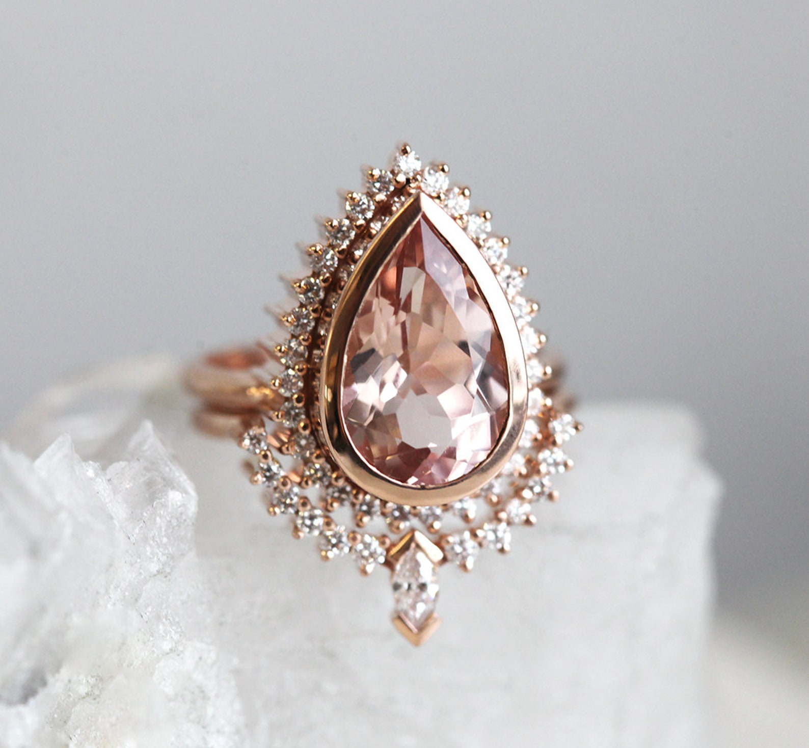 Morganite Engagement Ring Set Large Morganite Ring Pear Cut - Etsy