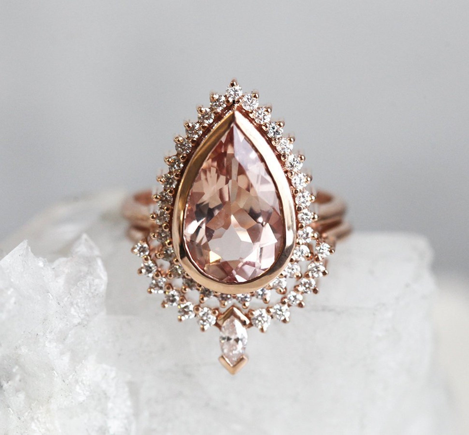 Morganite Engagement Ring Set Large Morganite Ring Pear Cut - Etsy