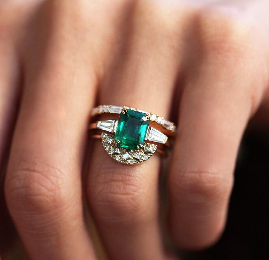 Emerald Engagement Ring Set Natural Green Emerald Set Unique - Etsy