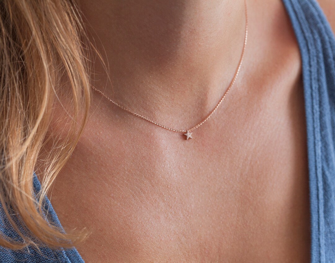 Small Star Necklace, 14k or 18k Solid Rose Gold Dainty and Delicate ...