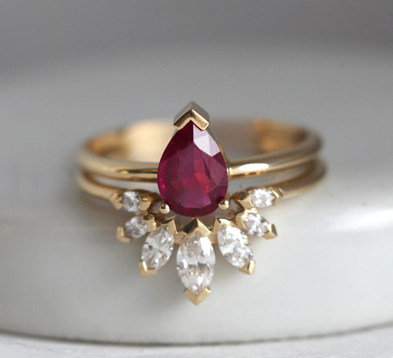 Natural Ruby Engagement Ring Set With Marquise Diamond Crown - Etsy