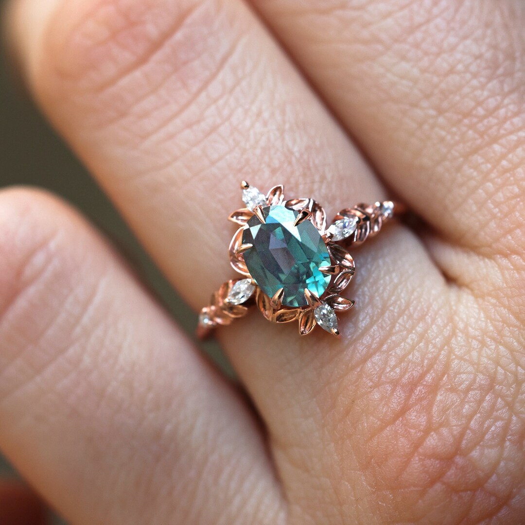 Enya Teal Sapphire Engagement Ring, Fantasy Peacock Sapphire Leaf Diamond Ring - Etsy