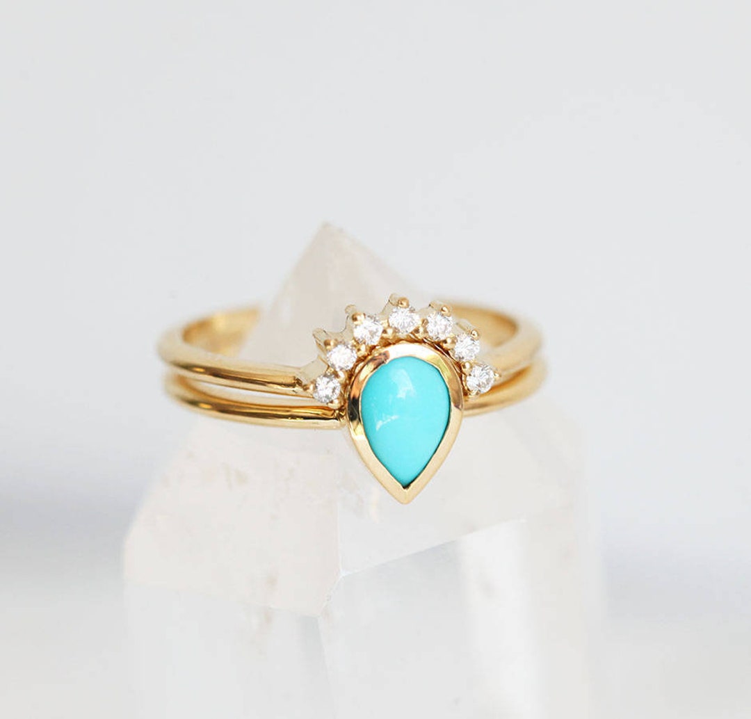 Pear Turquoise Ring Set, Diamond Crown Ring With Turquoise Solitaire ...