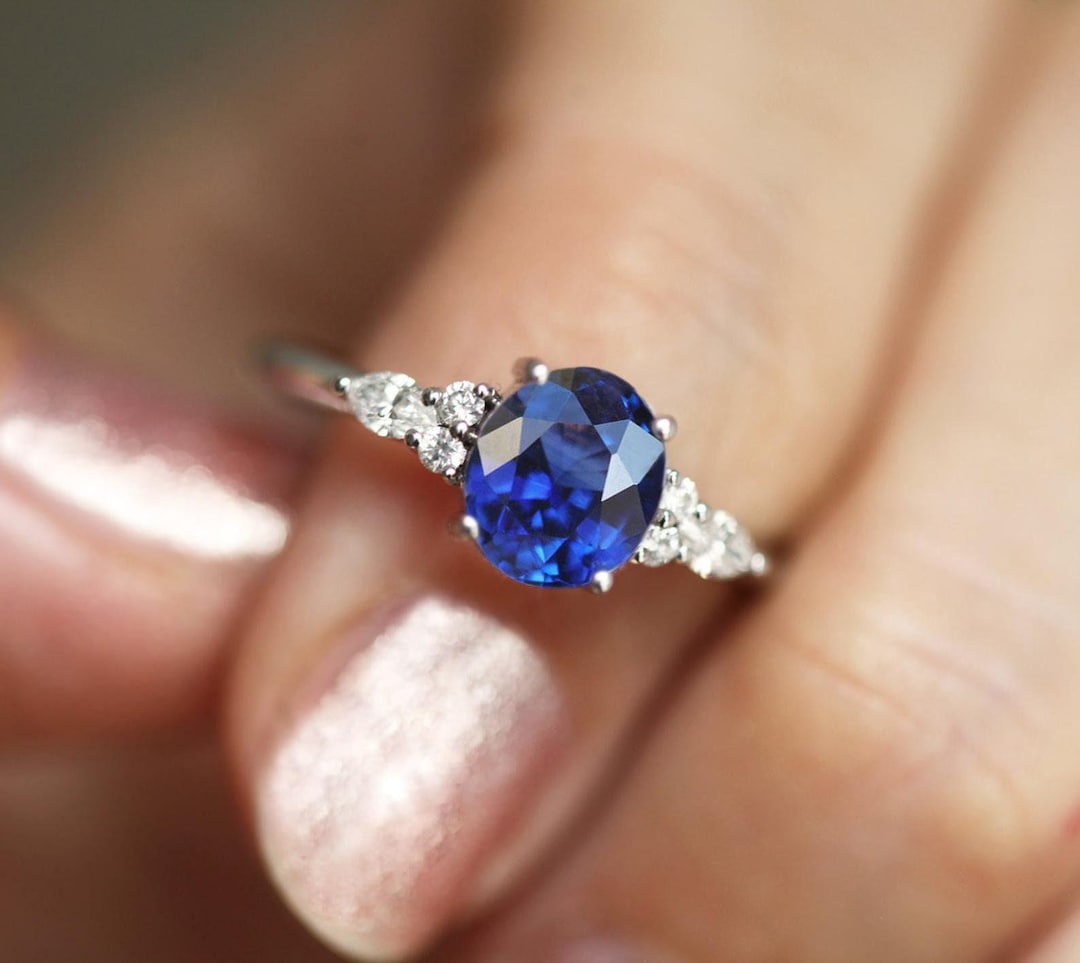 Blue Sapphire Ring, Oval Blue Sapphire Cluster Ring, Blue Engagement ...