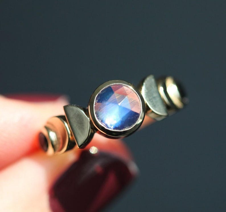 Moonstone Moon Phase Ring With Spinels, Gold Moon Phase Ring, Unique ...