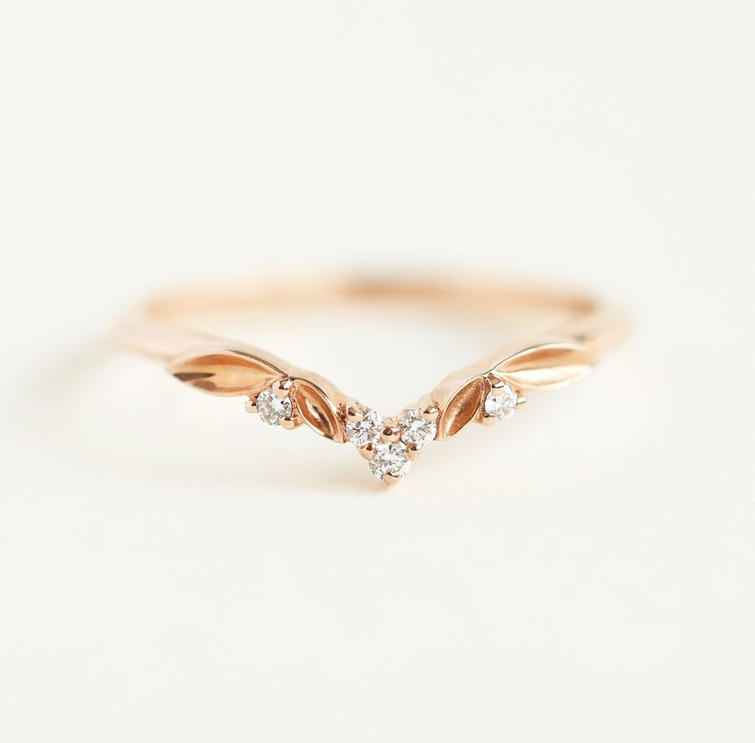 Leaf Chevron Diamond Wedding Band, Nature Ring Nesting Wedding Band ...