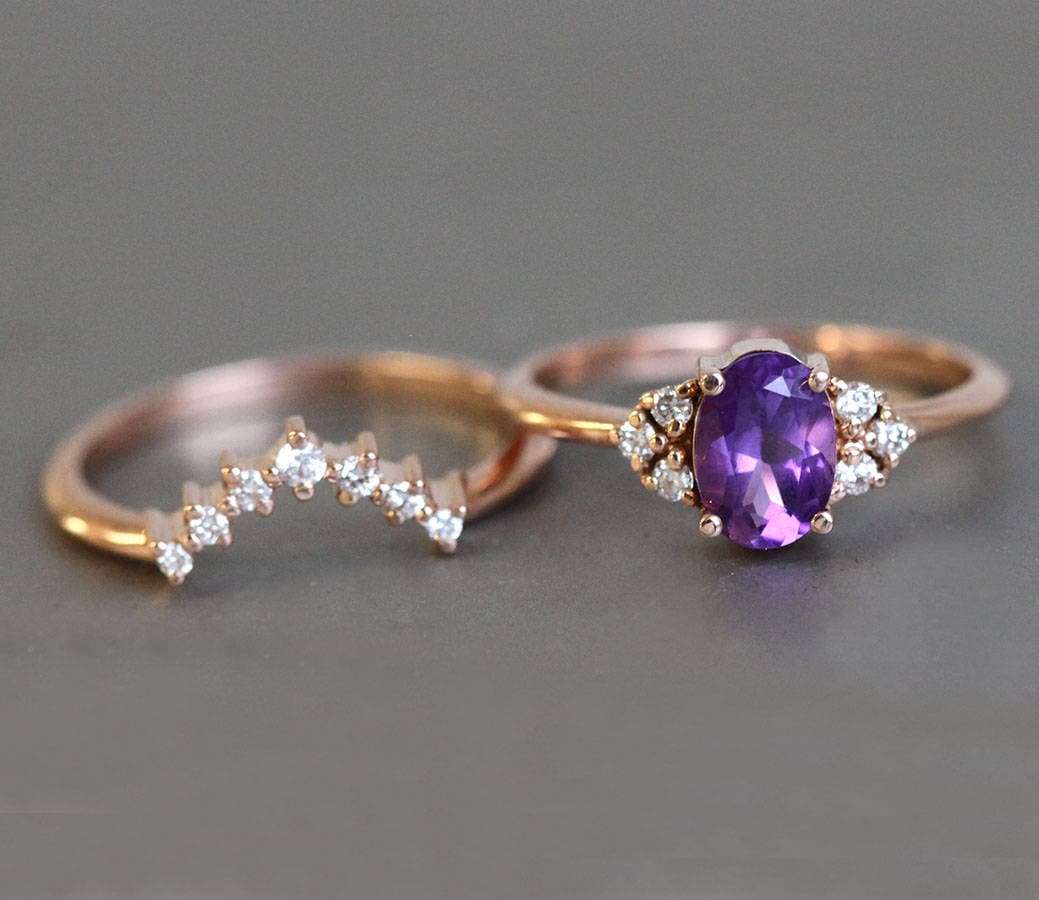 Amethyst Engagement Ring Set Purple Gemstone Ring Diamond | Etsy
