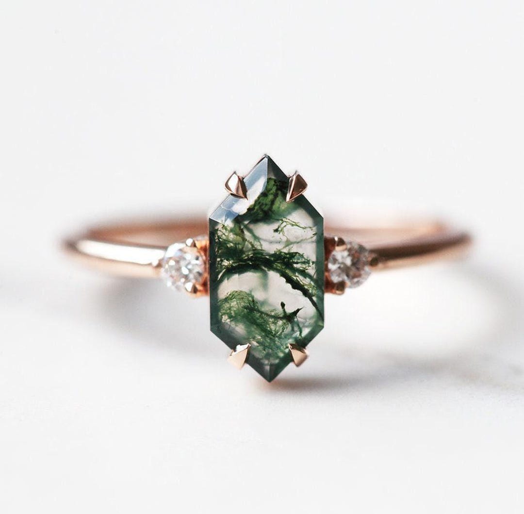 Moss Agate & Diamond Engagement Ring, Unique Mossy Ring, Alternative ...