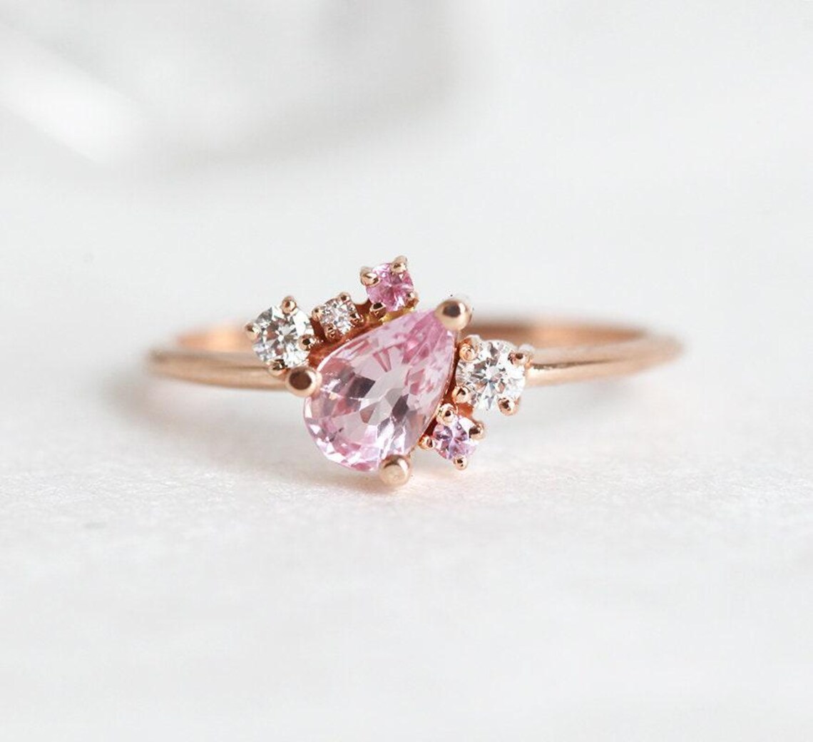 Light Pink Sapphire Ring, Sideways Cluster Ring Rose Gold, Pink ...