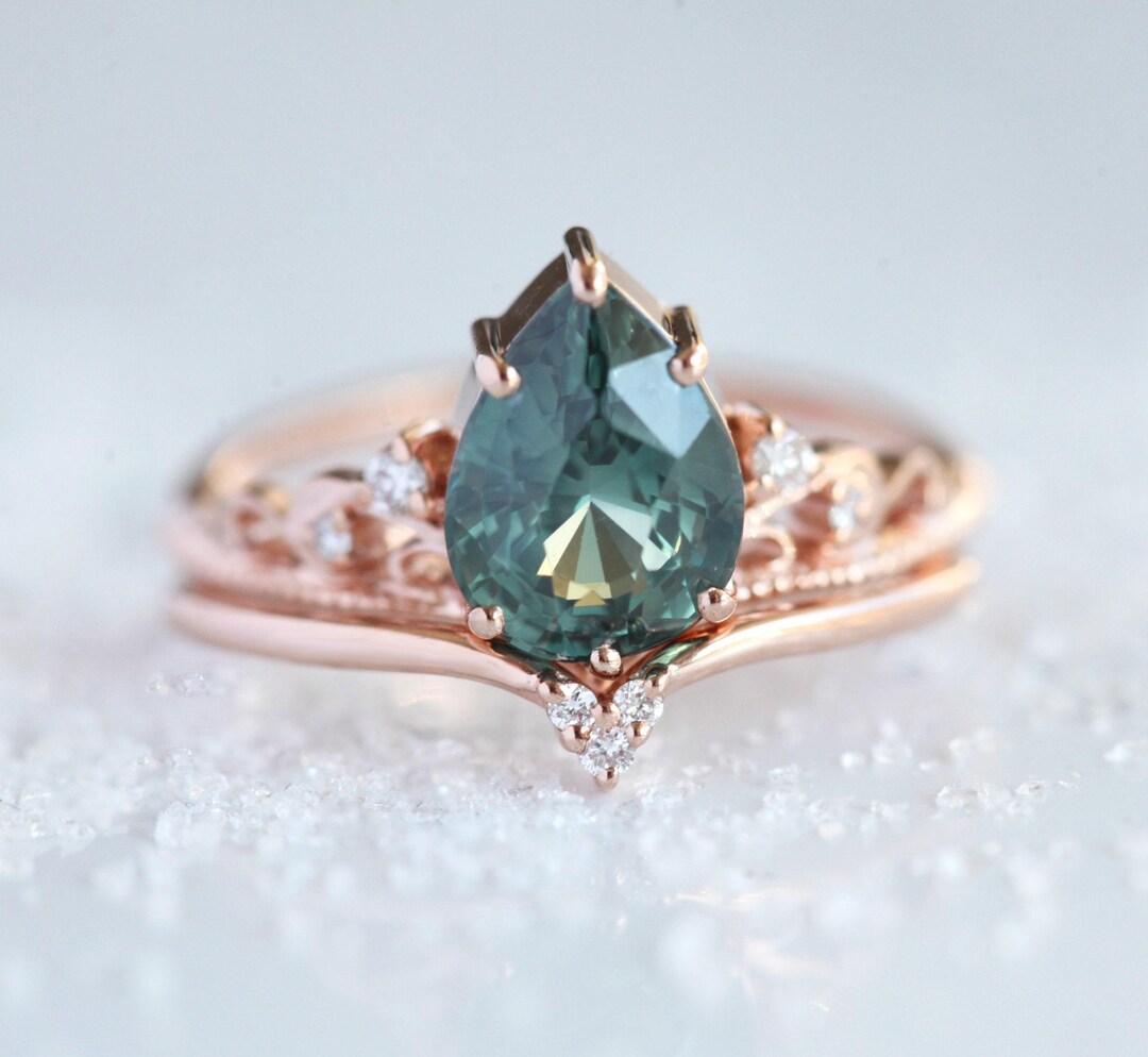 Teal Sapphire Ring Set, Pear Engagement Ring Set - Etsy