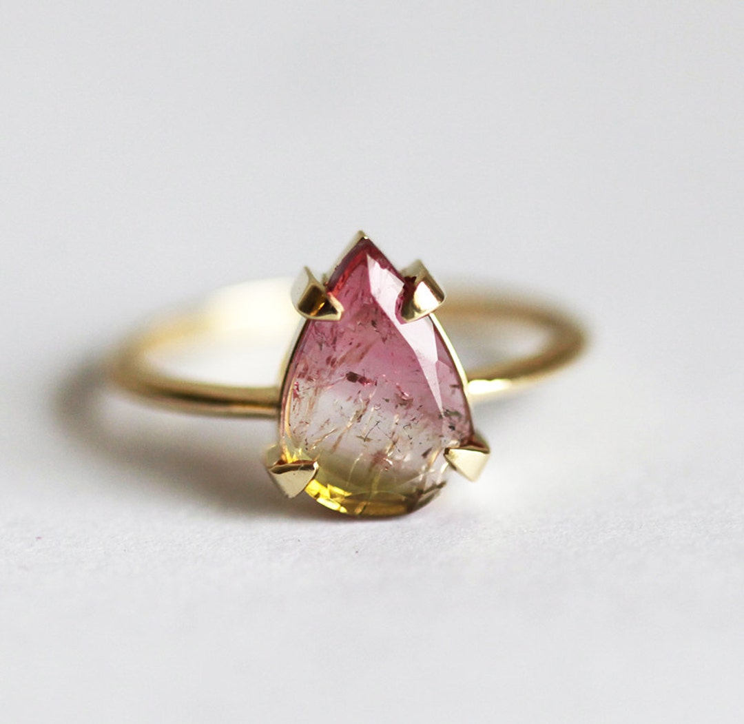Watermelon Tourmaline Ring, Pink Gemstone Engagement Ring, Unique Pear ...