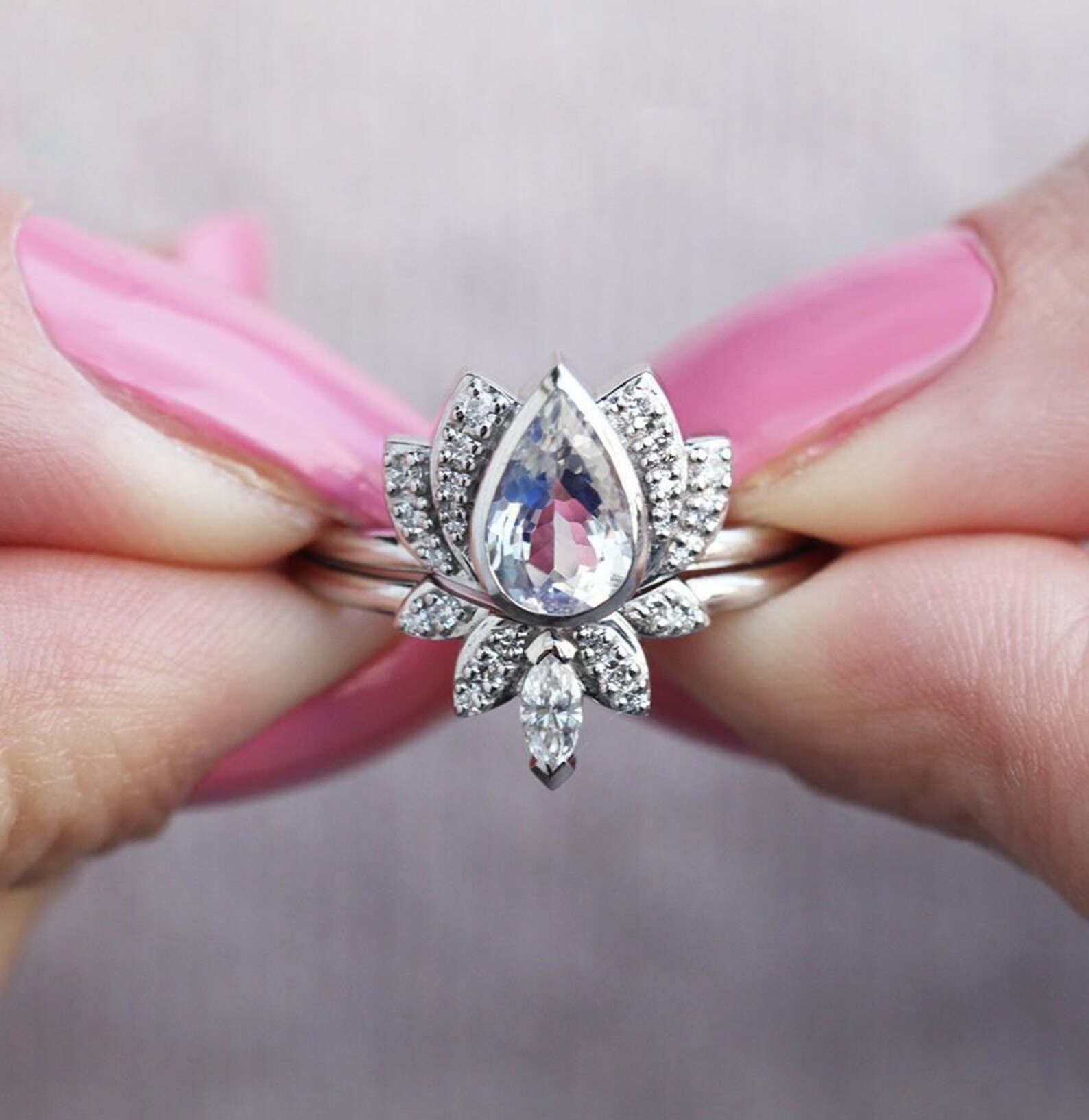 Moonstone Engagement Ring Set, Lotus Moonstone Ring With Diamond ...