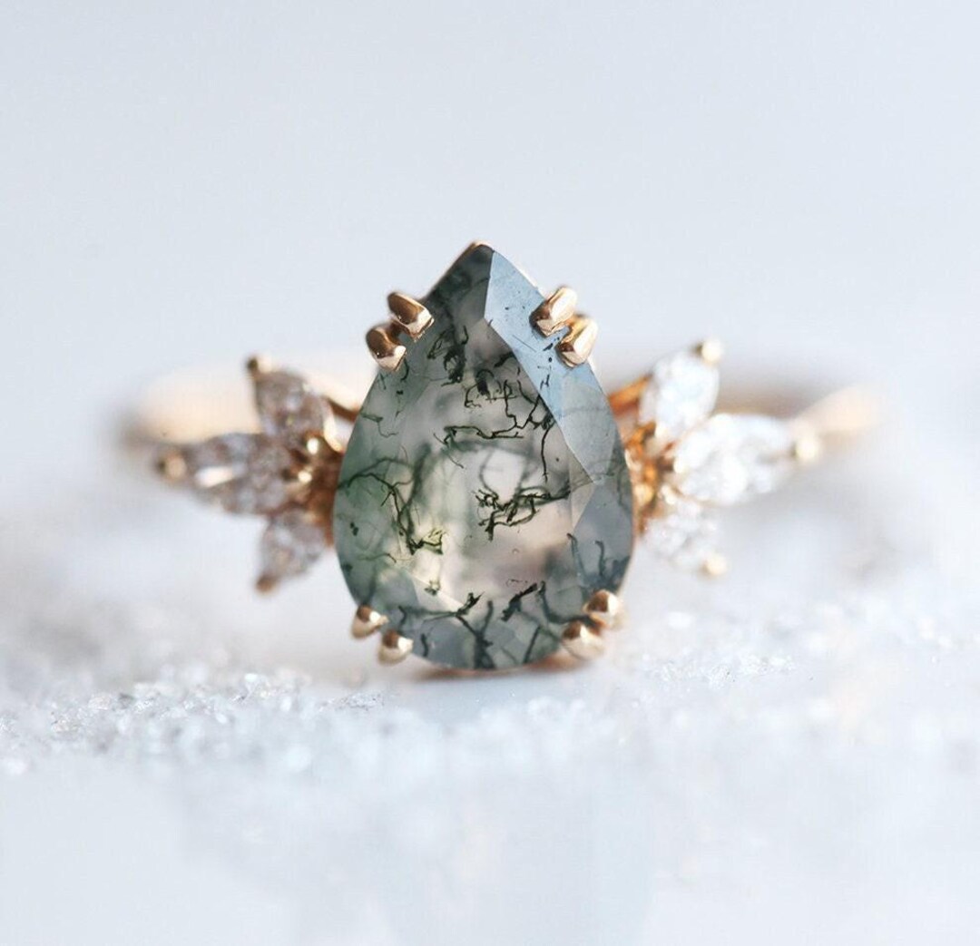 Moss Agate Engagement Ring, Green Mossy Gemstone & Moissanite Ring ...