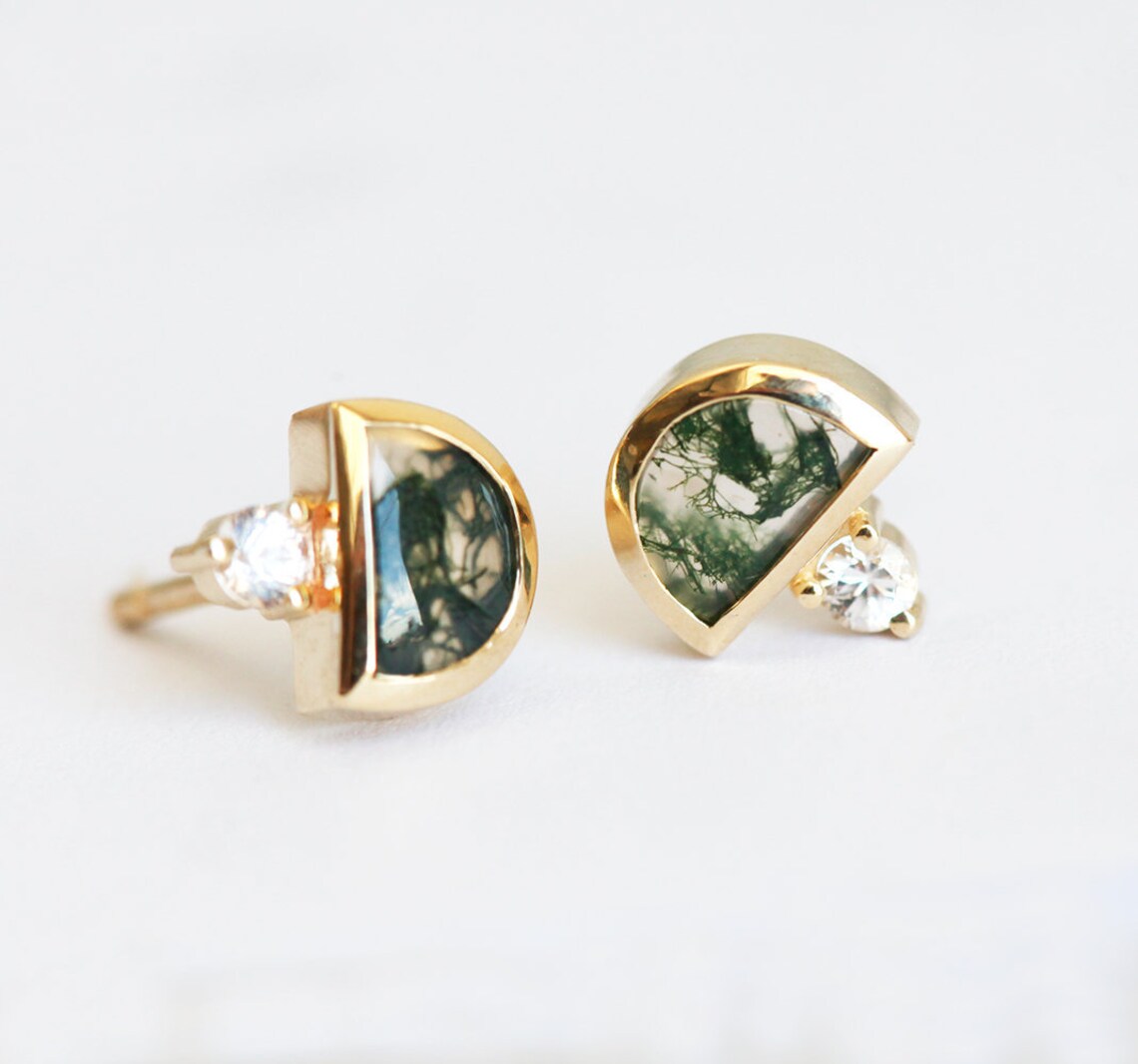 Moss Agate Earrings Moss Agate Stud Earrings Half Moon - Etsy
