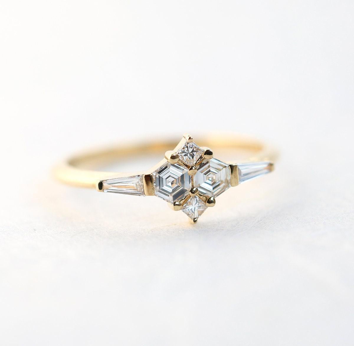 Diamond Cluster Ring, Hexagon Diamond Ring With Side Baguette Diamonds ...
