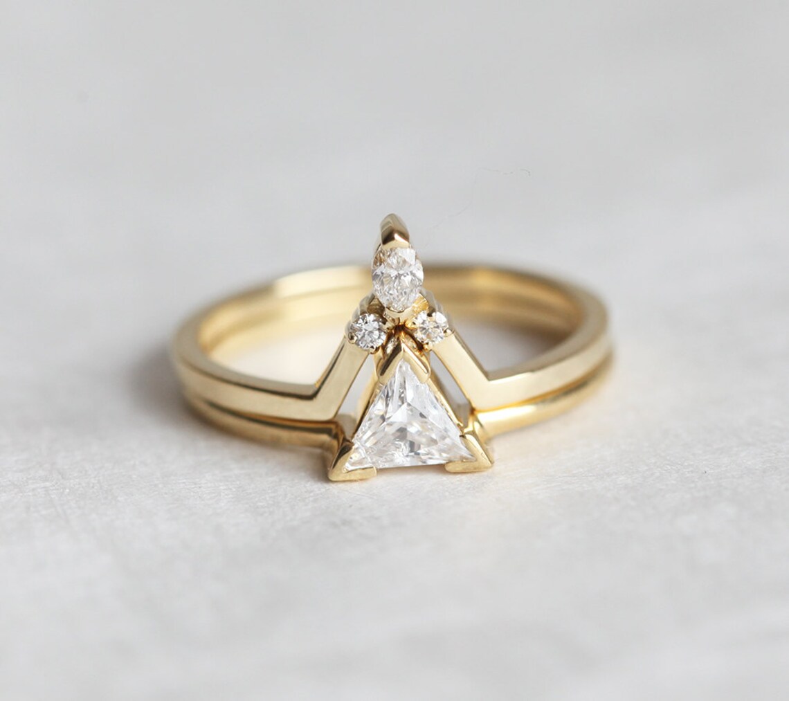 Triangle Diamond Ring Set 14k or 18k Solid Gold 0.3 Carat - Etsy