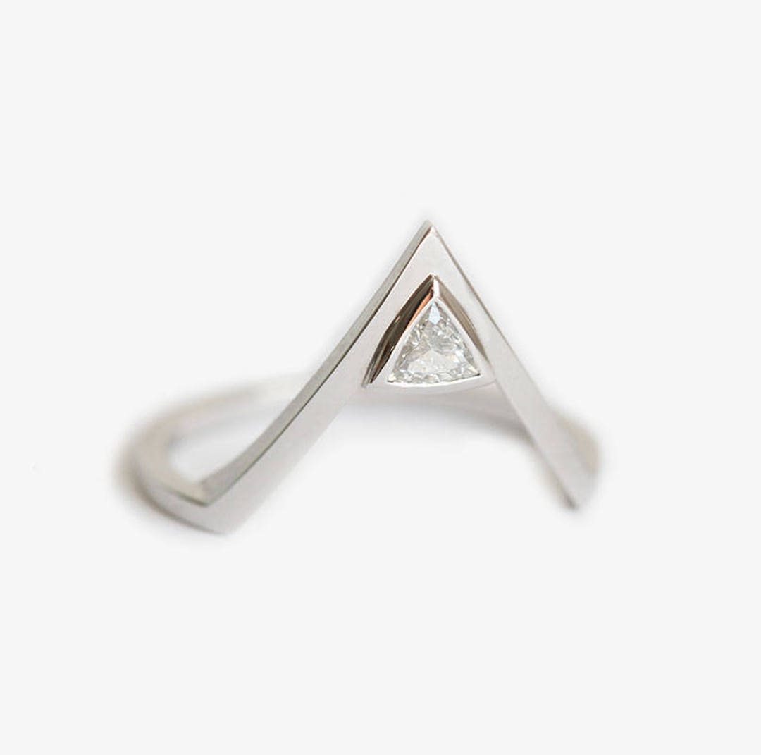 Modern Trillion Diamond Ring, Nesting Wedding Band, Curved Matching ...