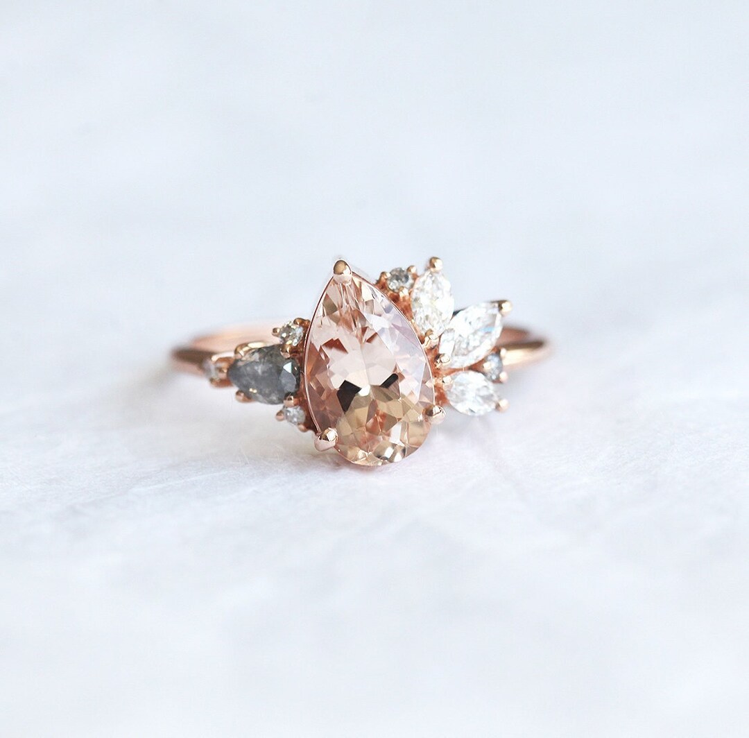 Pear Morganite Diamond Cluster Ring, Unique Cluster Engagement Ring - Etsy