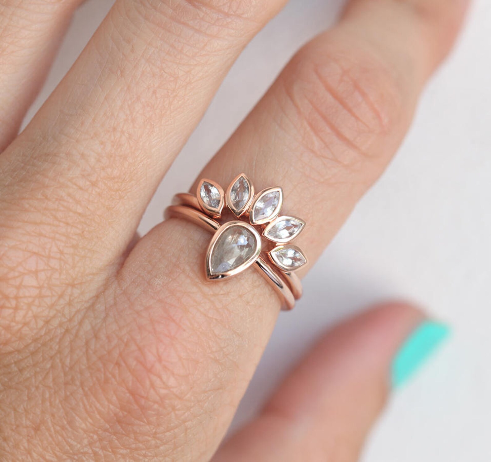 Rose Gold Diamond Ring Set Wedding Bridal Set Floral Crown | Etsy