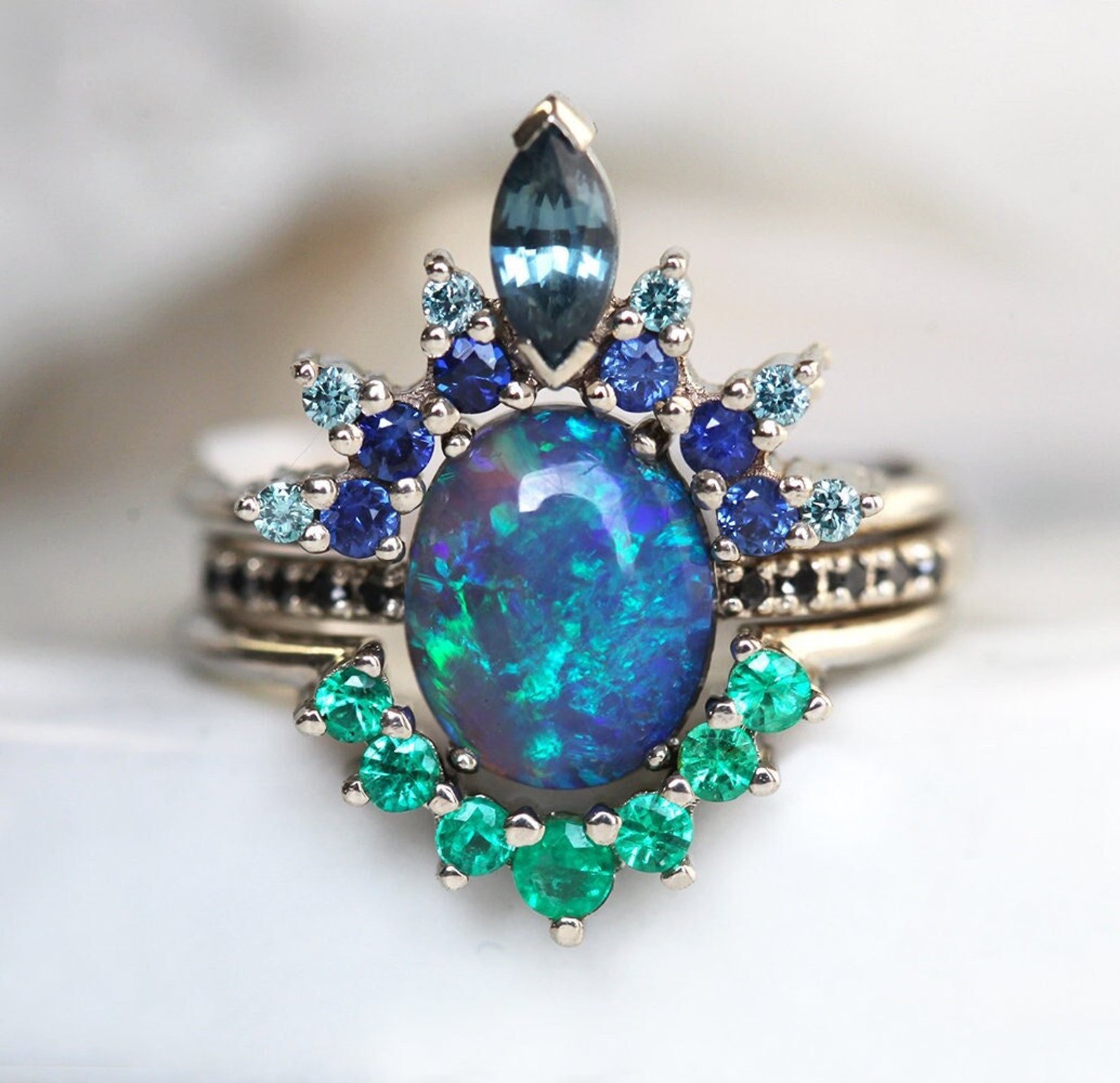 Black Opal Ring Set Unique Engagement Set Teal Blue Wedding | Etsy