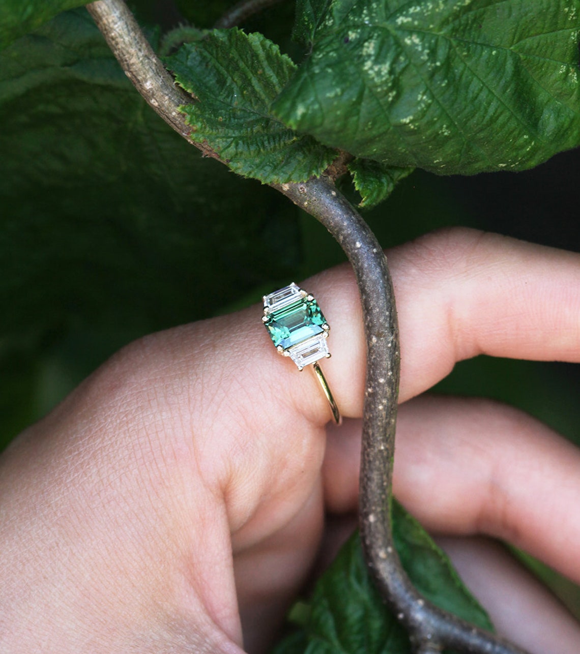 Green Emerald Cut Sapphire Ring Three Stone Sapphire Ring Art - Etsy
