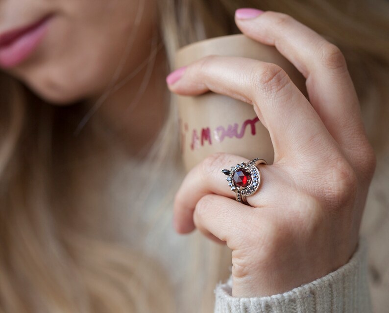 Blood Moon Red Garnet Ring With Black Diamond Band Black | Etsy