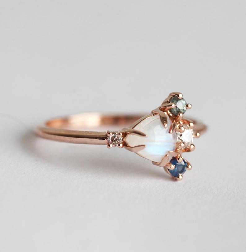 Trillion Moonstone Ring Unique Cluster Engagement Ring - Etsy UK