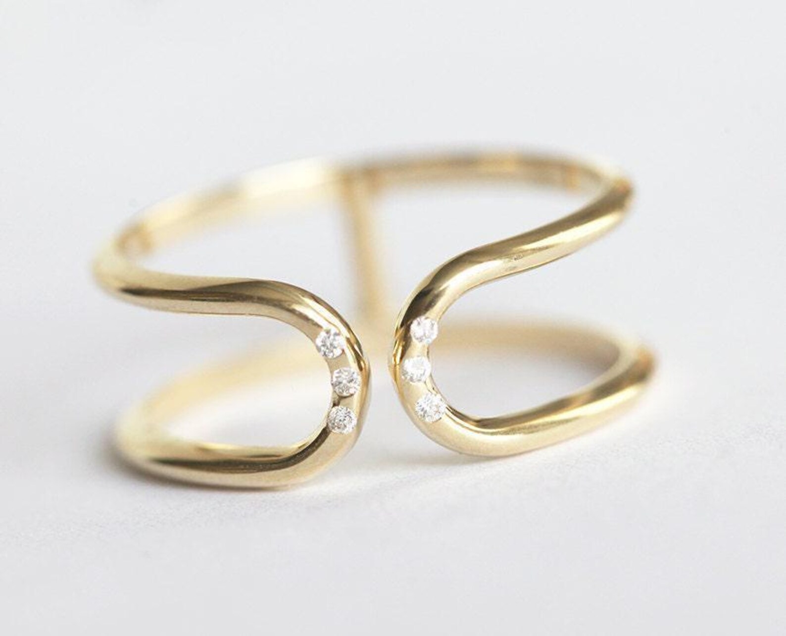 Double Diamond Band Ring, Unique Open Wedding Band, Split Curved Band ...