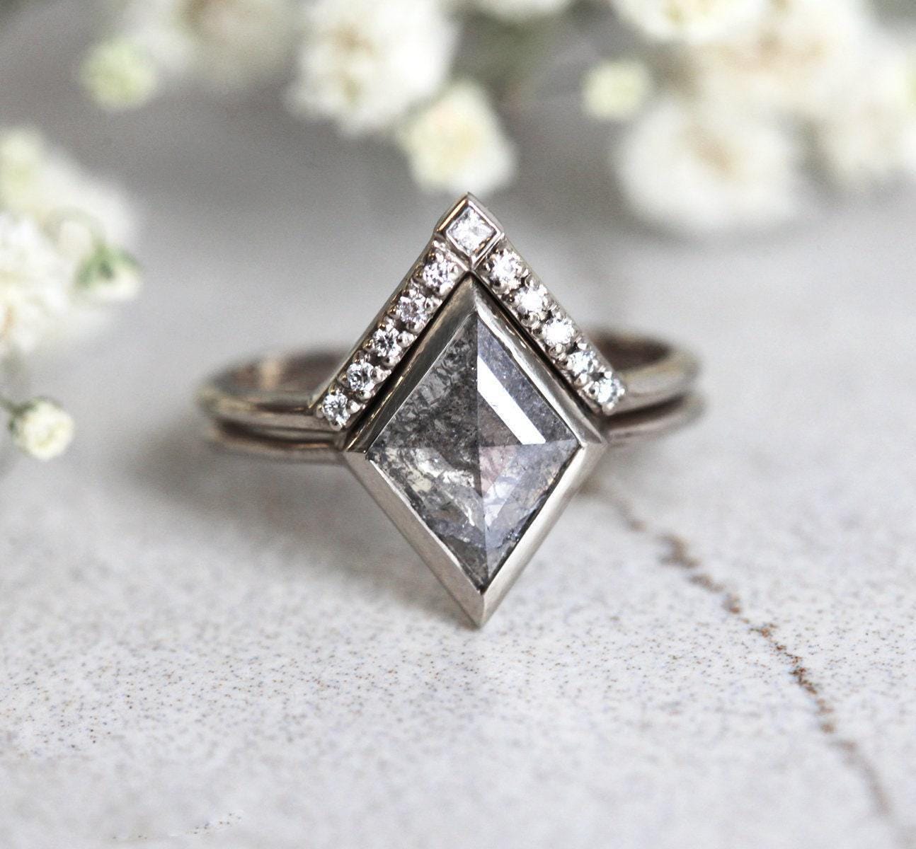 Rose Cut Kite Diamond Ring Set, Salt Pepper Diamond Engagement Ring ...