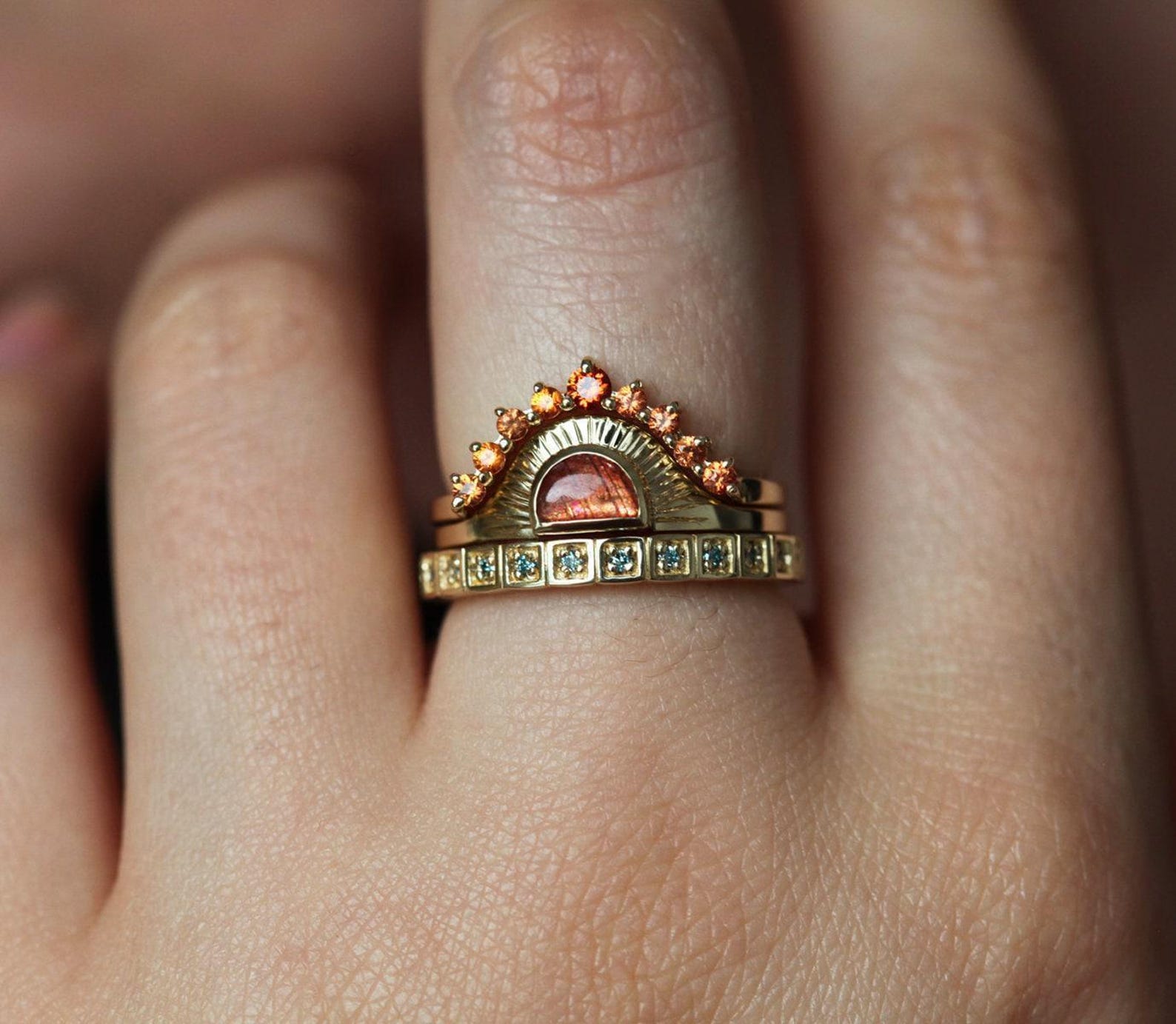 Sunset Ring, Sunstone Engagement Ring, Gold Sunrise Ring, Bohemian Sun ...