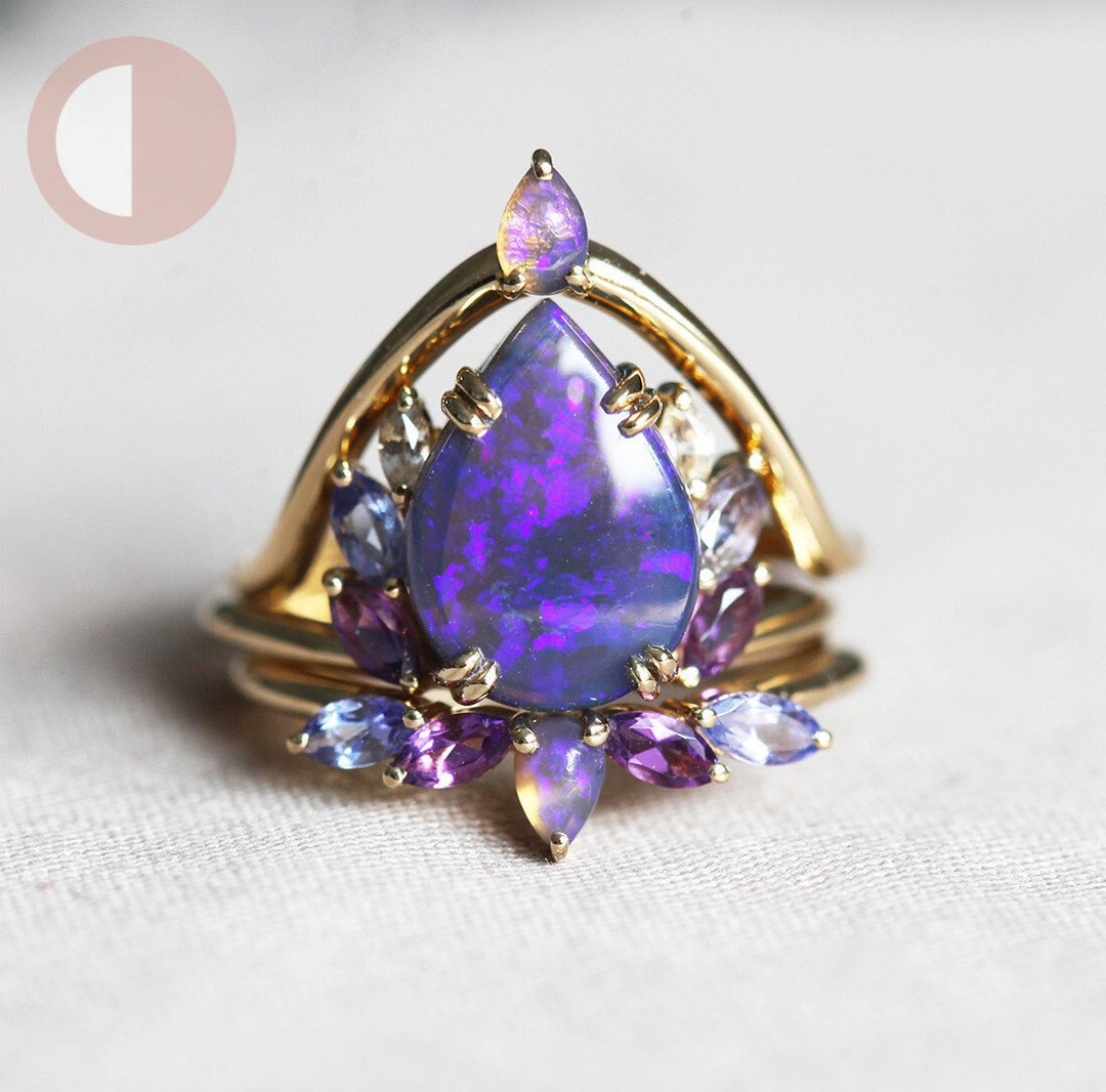 Raiven Black Opal Ring Set, Unique Purple Opal Engagement Set - Etsy