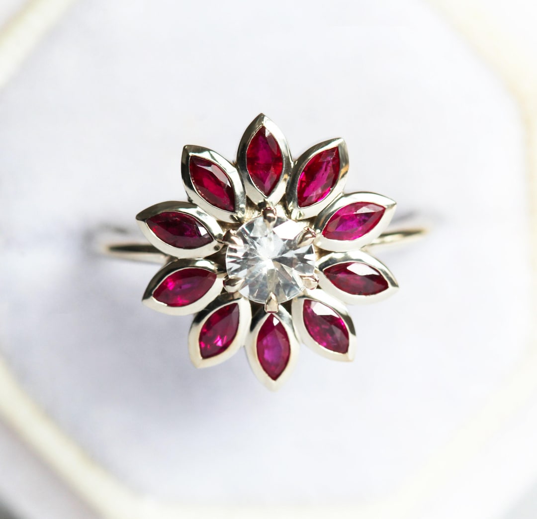 Ruby Engagement Ring, Flower Ruby Ring, Ruby Sapphire Engagement Ring ...