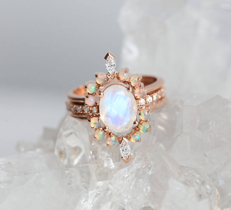 Moonstone Engagement Ring Set Opal Wedding Ring Set Dream - Etsy