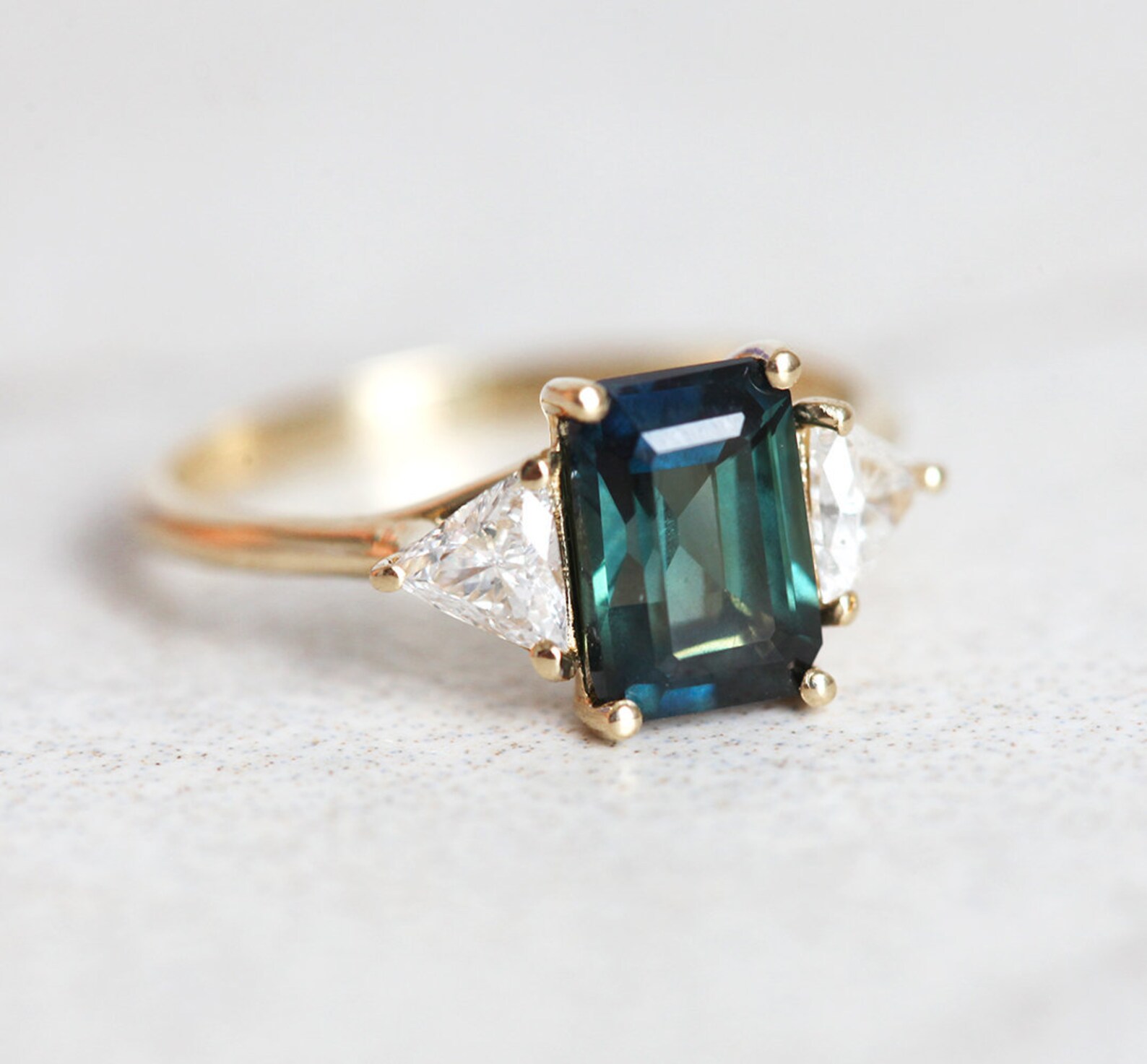 Emerald Cut Sapphire With Triangle Diamonds Green Sapphire - Etsy