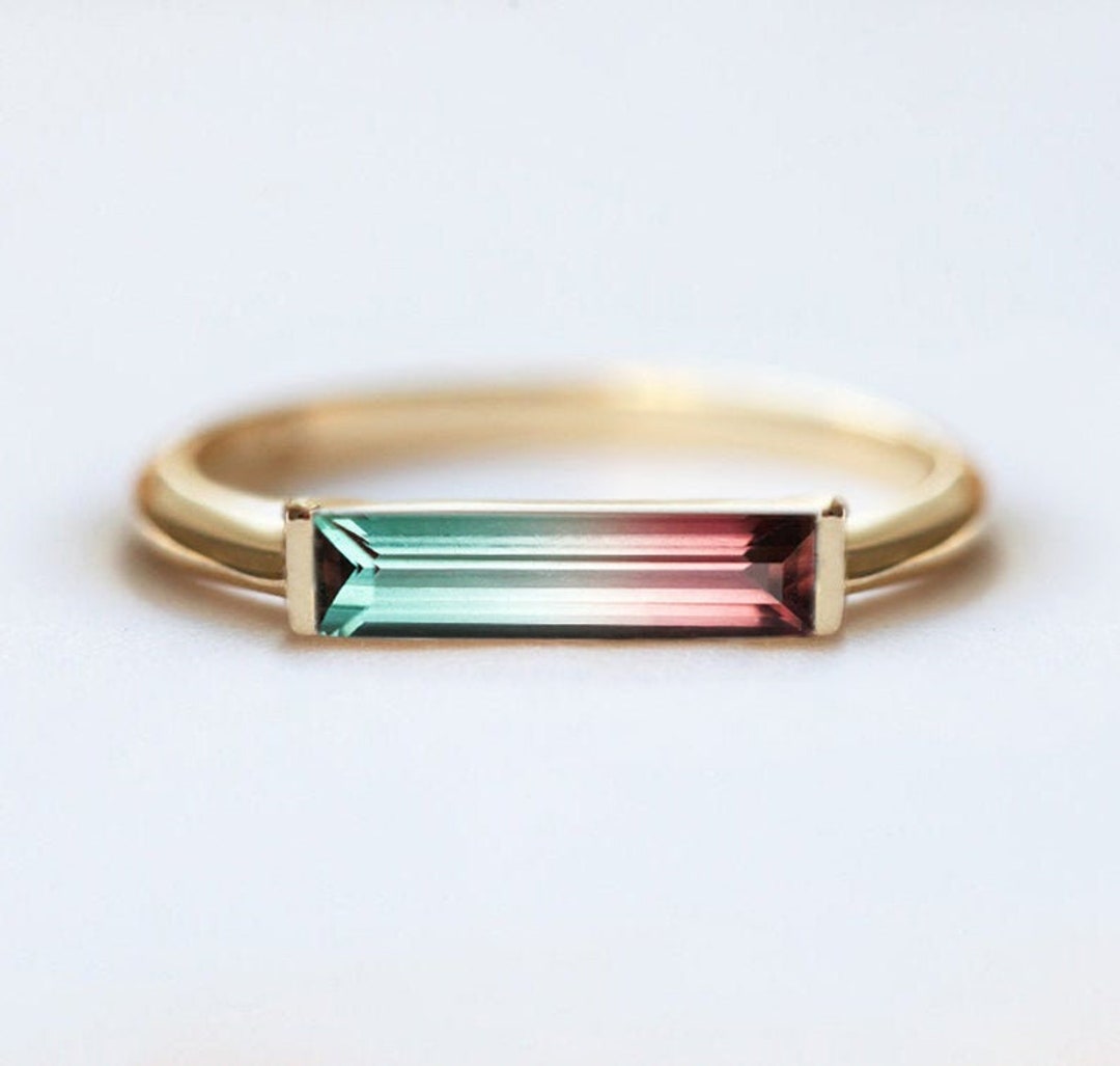 Watermelon Tourmaline Ring, Bicolor Engagement Ring, Unique Baguette ...