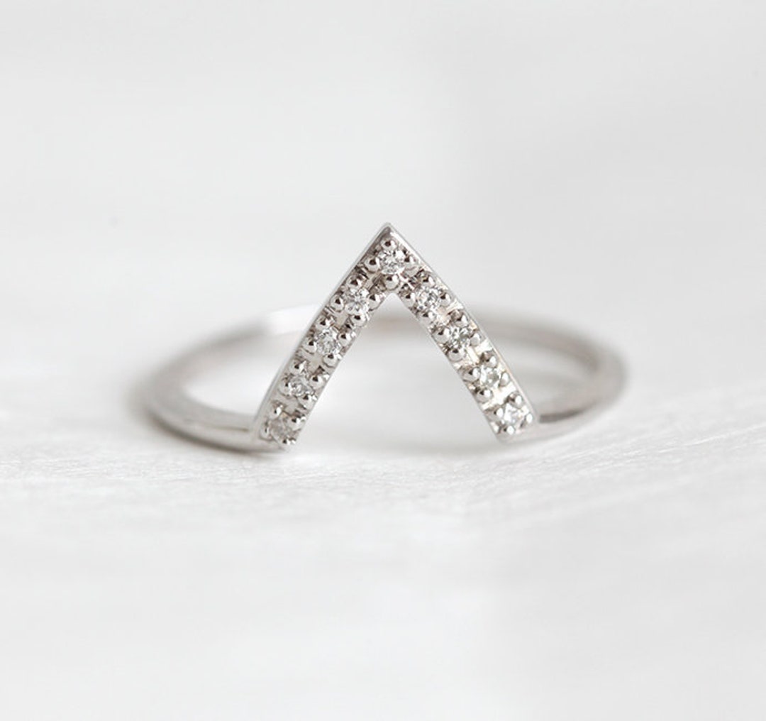 Pave Diamond Wedding Ring, White Gold Chevron Ring, V Diamond Ring ...