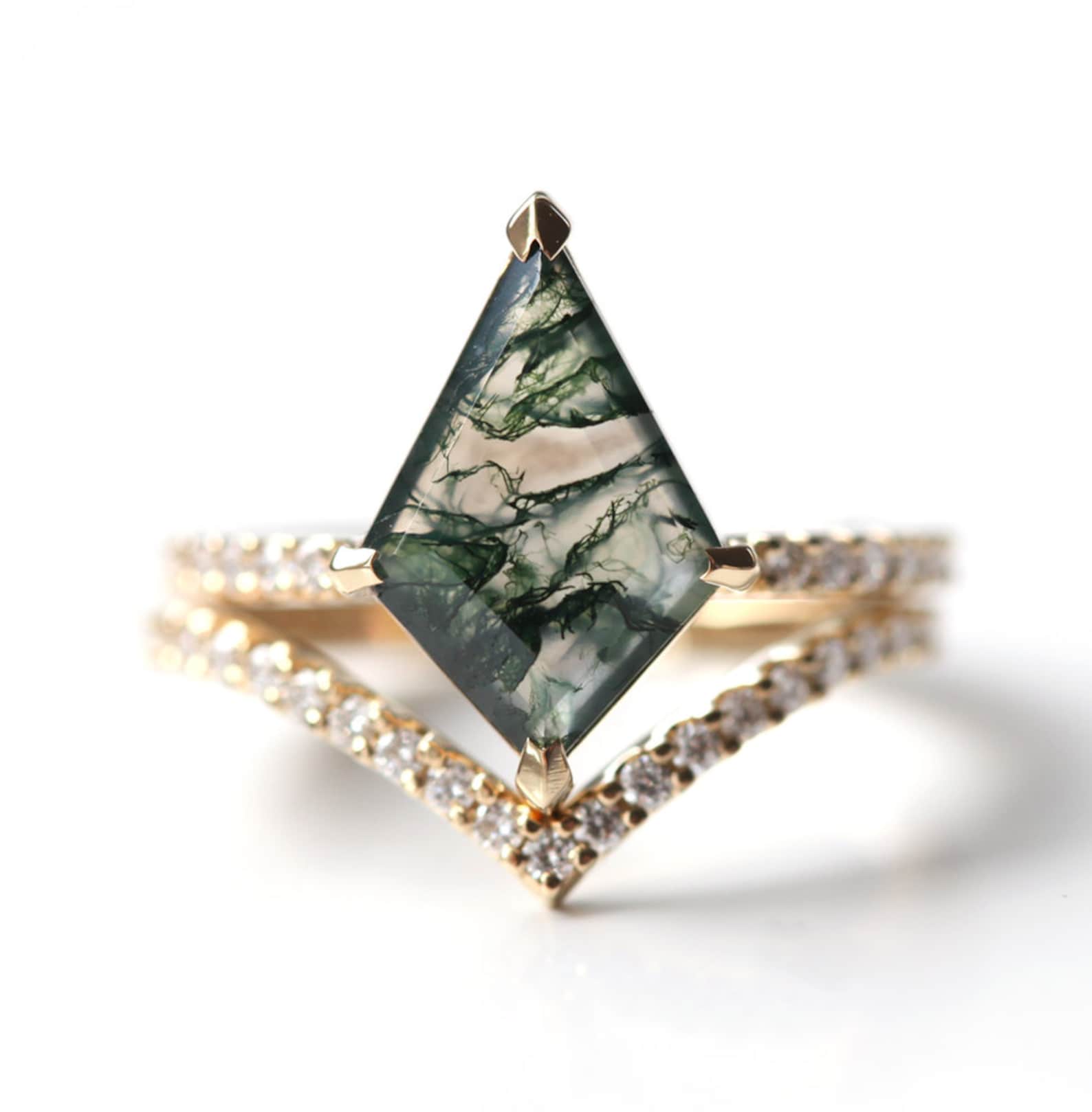 Moss Agate Engagement Ring Set Diamond Chevron Band - Etsy