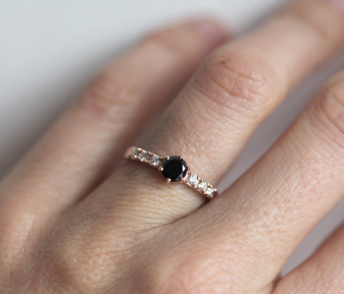 Black Diamond Ring / Round Black Diamond Engagement Ring With - Etsy