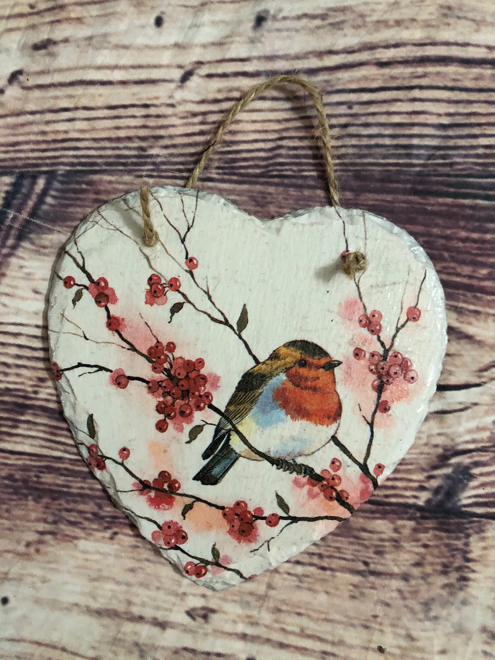Robin Slate Heart Plaque Robin and Berries Wall Hanging | Etsy
